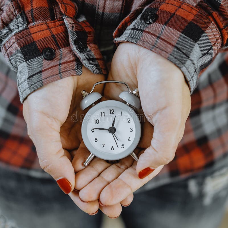 Small Alarm Clock in Female Hands Stock Image - Image of alarm, cute ...
