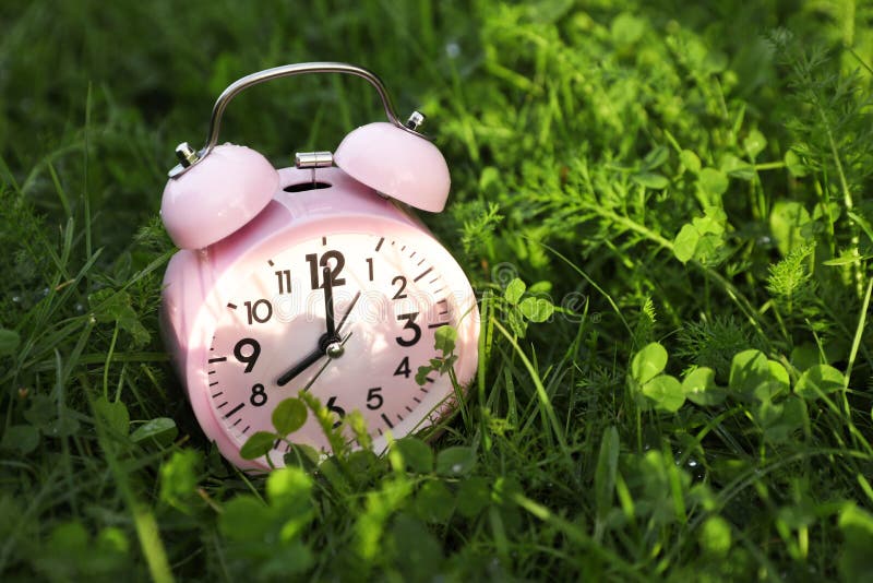 Small Alarm Clock on Green Grass, Space for Text Stock Photo - Image of ...