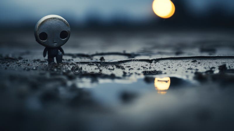 A Small Alien Doll Stands in the Middle of a Puddle, AI Stock Image ...