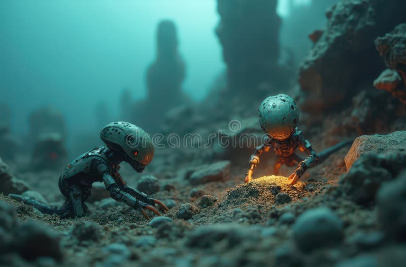 Small Alien Robots Crawling Over Alien Ruins, Their Arms Extended and ...