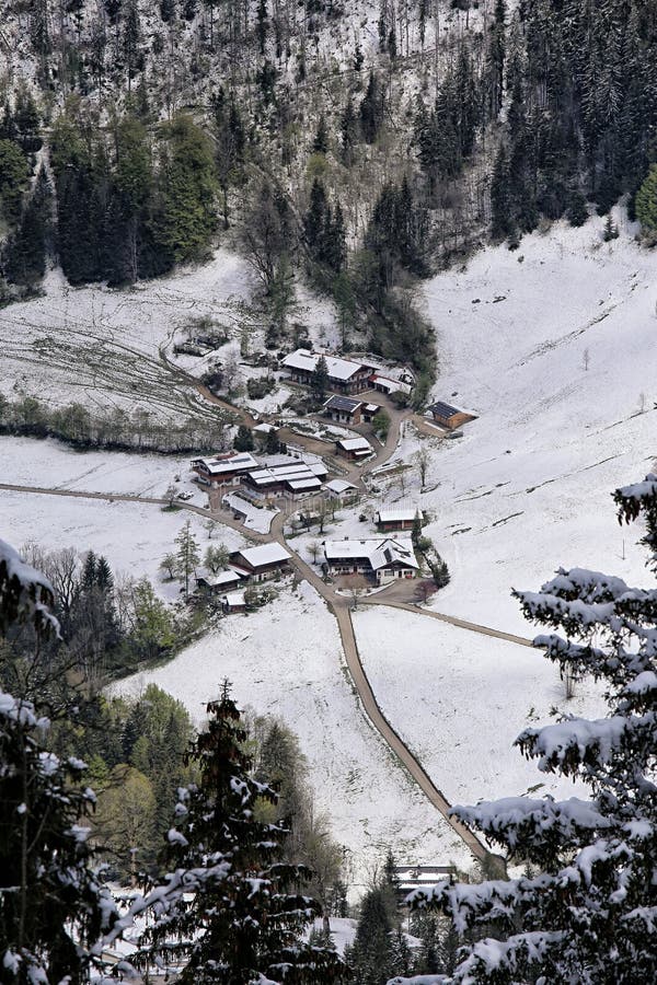 Small Alpine Village with Few Houses from Above Stock Photo - Image of ...