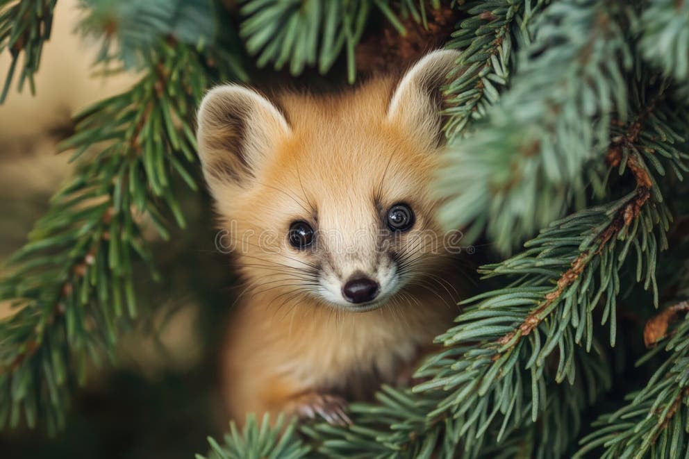 A Small Animal is Peeking Out of a Pine Tree Stock Illustration ...