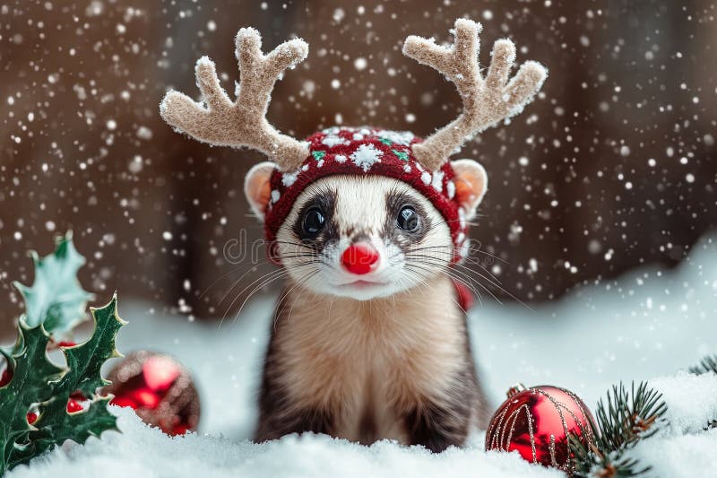 A Small Animal with a Red Hat and a Red Nose is Standing in the Snow ...