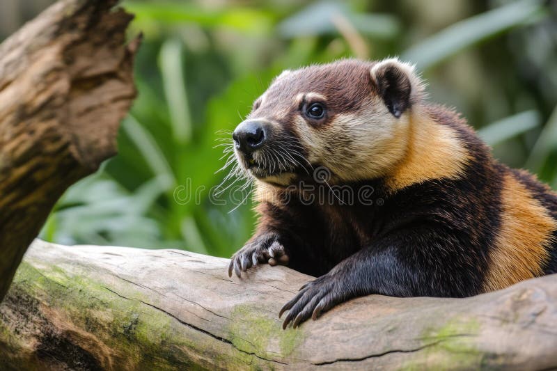 A Small Animal Sits on a Log, Possibly a Rodent or Squirrel Stock Photo ...