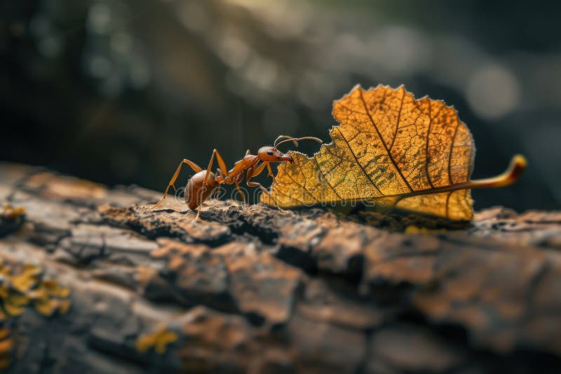 A Small Ant is Seen Carrying a Leaf on the Top of a Log, Highlighting ...
