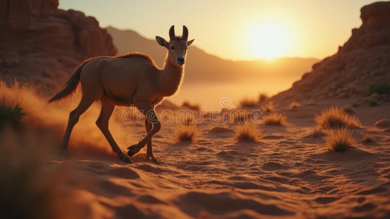 A Small Antelope Walking Across a Desert at Sunset Stock Photo - Image ...