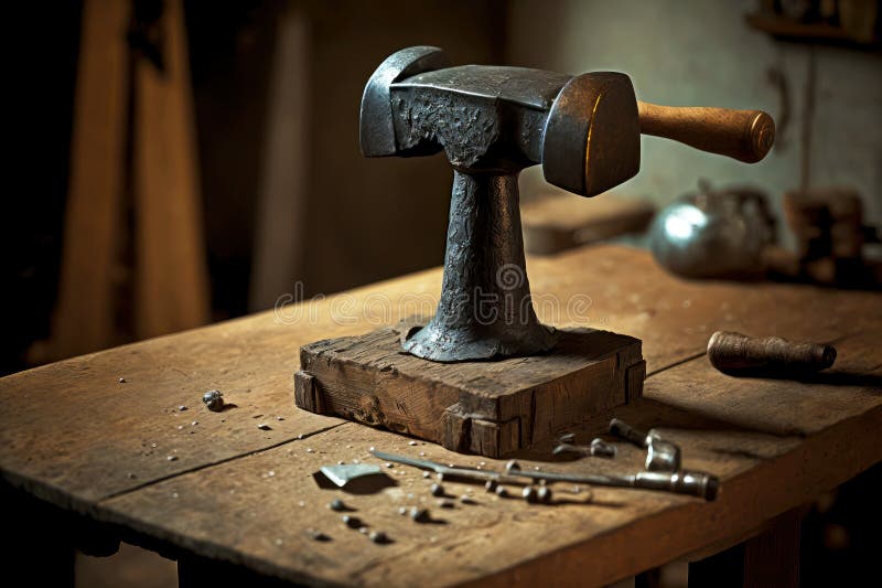 Small Anvil in Form of Hammer on Stand Stands on Table in Workshop ...