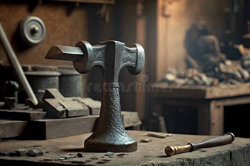 Small Anvil in Form of Hammer on Stand Stands on Table in Workshop ...