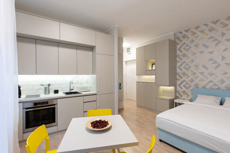 Small Apartment Interior, Kitchen, Bedroom Stock Image - Image of clean ...