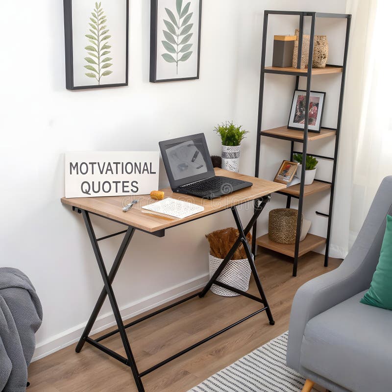 Small Apartment Office with Foldable Desk and Motivational Quotes Stock ...