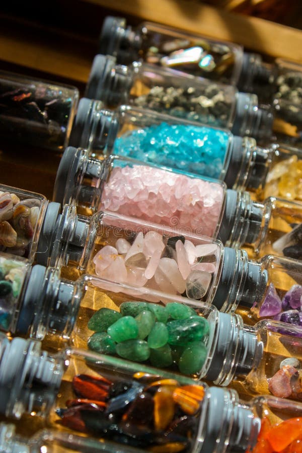 Small Apothecary Or Witchy Vials Filled With Rocks And Crystals Stock