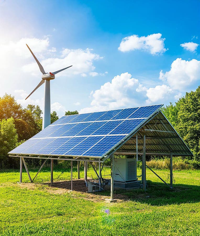 A Small Array of Solar Panels is Mounted on a Metal Frame in a Grassy ...