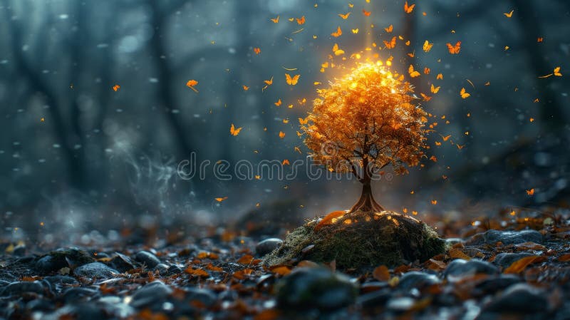 A Small Autumn Tree in a Big Forest. Environmental Concept Stock Photo ...