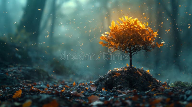 A Small Autumn Tree in a Big Forest. Environmental Concept Stock Image ...