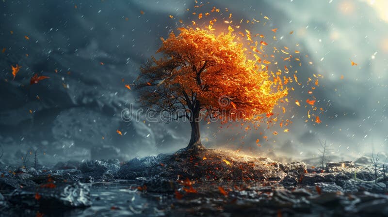 A Small Autumn Tree in a Big Forest. Environmental Concept Stock Photo ...