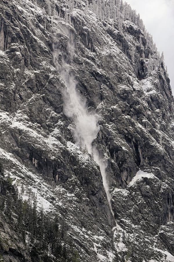Small Avalanche between Trees on Steep Rock Stock Photo - Image of ...