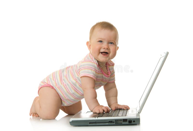 Happy Baby and a Laptop Computer Isolated Stock Photo - Image of joyful ...