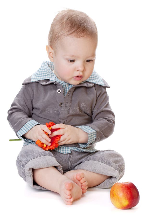 Small Baby Looking on Red Apple Stock Image - Image of isolated, happy ...