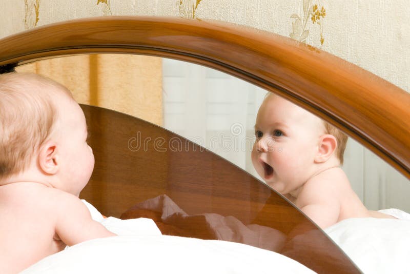 Small Baby, Looking To a Mirror Stock Image - Image of happiness ...