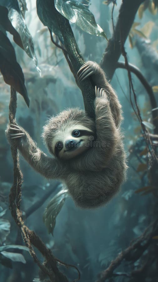 A Small Baby Sloth Hanging Upside Down from a Tree Branch, Its Tiny ...