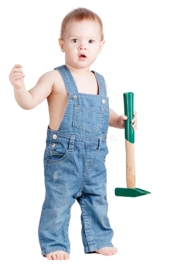 Small Baby Worker with Hammer Stock Image - Image of children, isolated ...