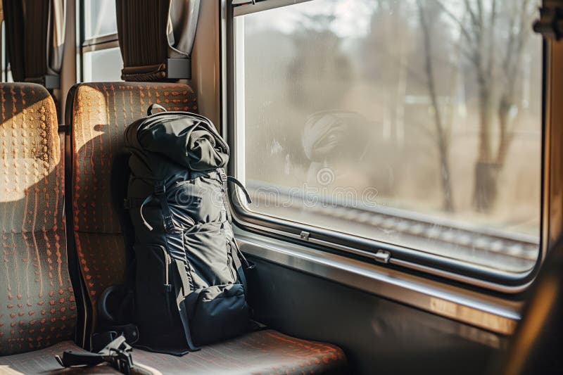 Small Backpack Resting on an Empty Train Seat with a Window View Stock ...