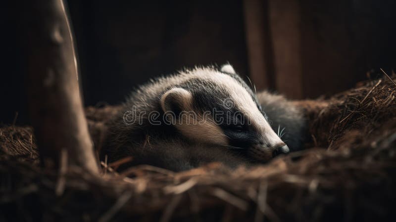 A Small Badger is Sleeping in a Pile of Hay and Straw Stock ...