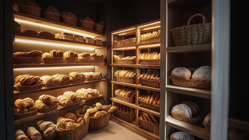 A Small Bakery Corner with Glowing Shelves and Minimalist Baskets of ...