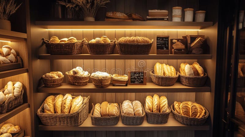 A Small Bakery Corner with Glowing Shelves and Minimalist Baskets of ...