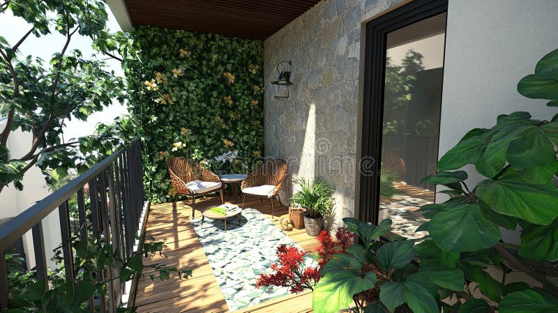 Small Balcony with Plants and Seating Area. Stock Photo - Image of ...