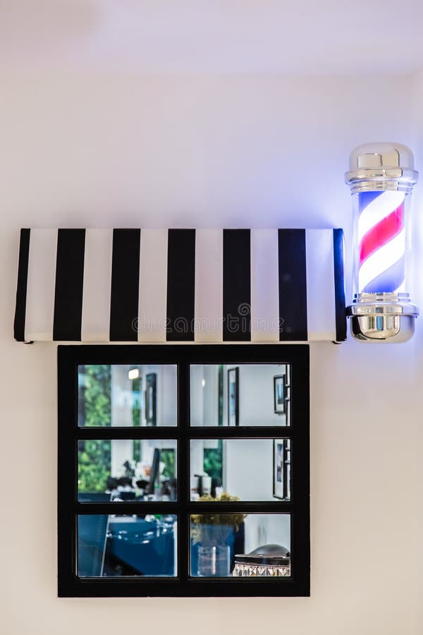Small Barbershop Window on White Wall Facade View Stock Photo - Image ...