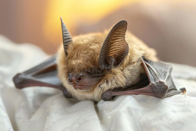 A Small Bat Sleeping on a White Curtain in a Close Up Shot Stock ...