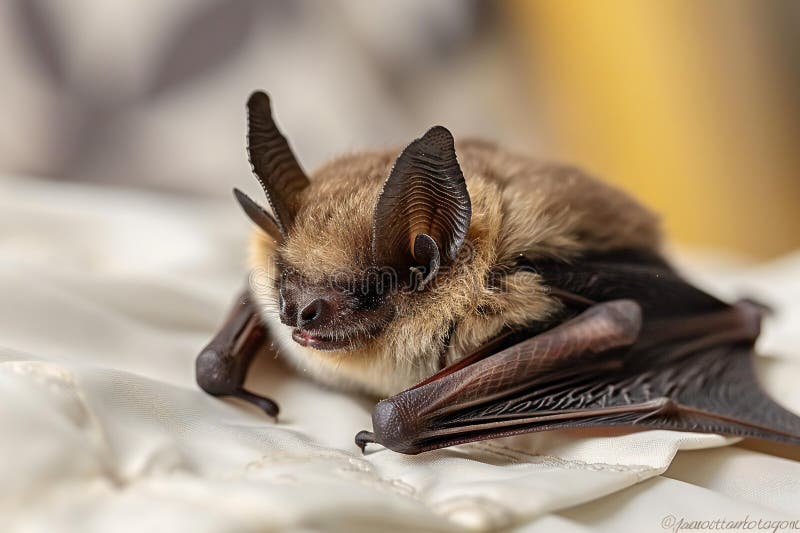 A Small Bat Sleeping on a White Curtain in a Close Up Shot Stock ...