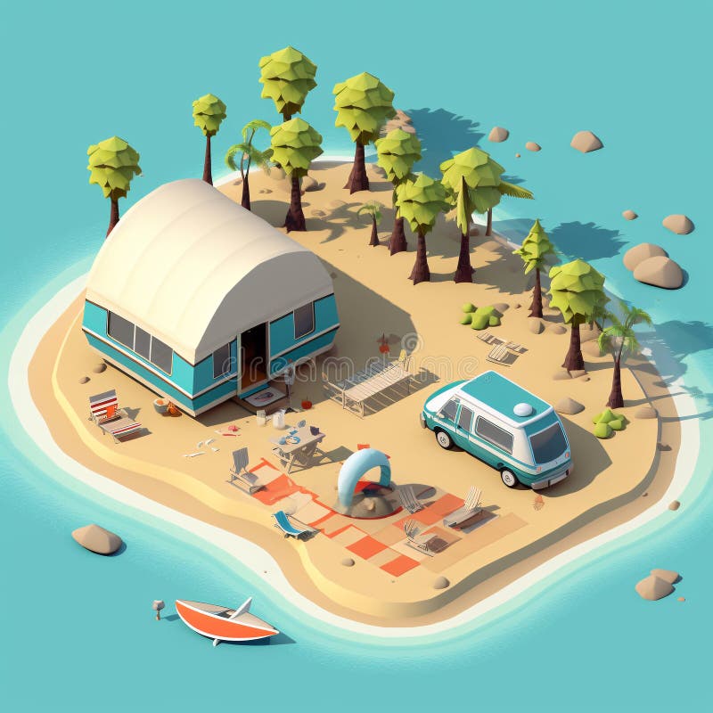 Small, Beach with Camping Car and Tent. Stock Illustration - Illustration of vacations, tourist ...