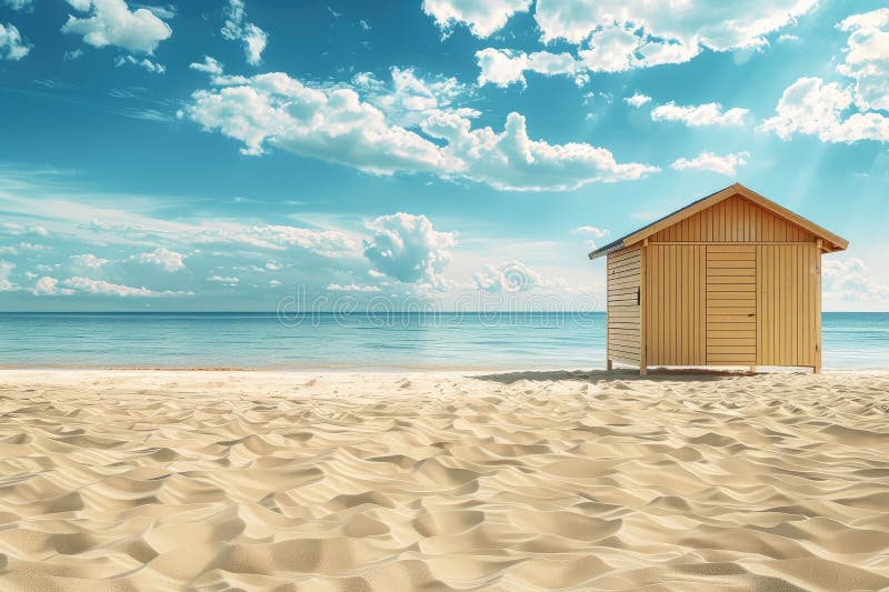 Small Beach House on Empty Sandy Beach Under a Blue Sky Stock ...