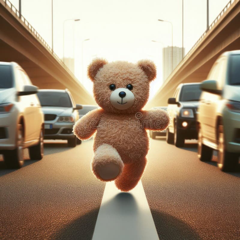 A Small Bear Running Along the Road between Cars. Stock Illustration ...