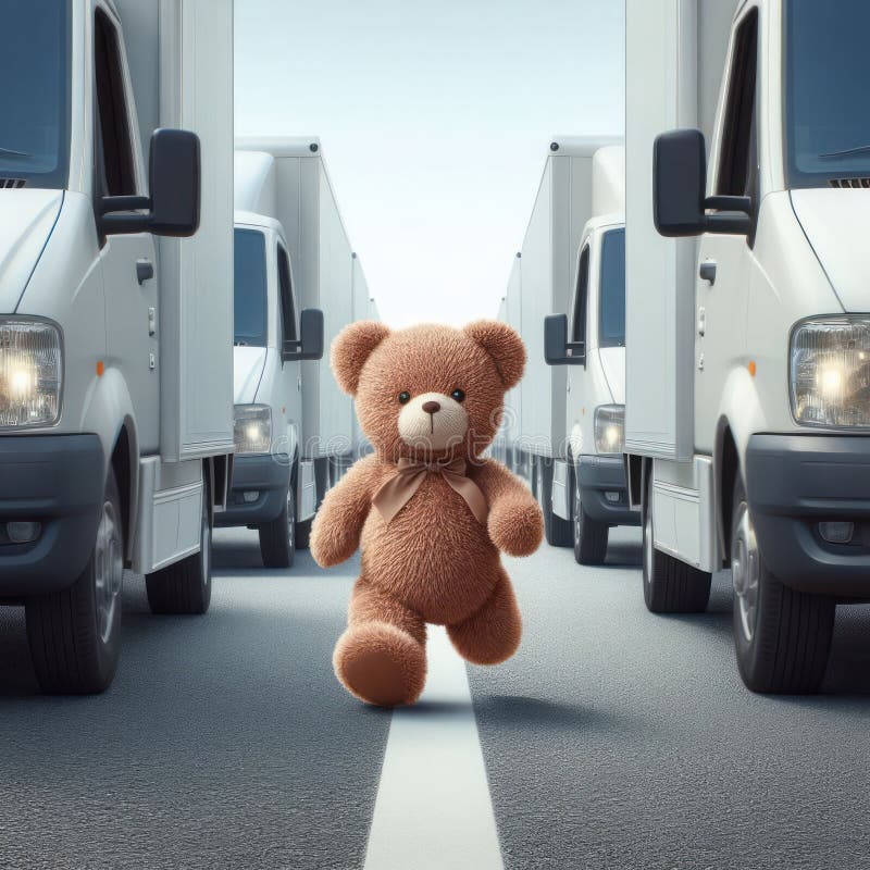 A Small Bear Running Along the Road between Large Cars. Stock ...