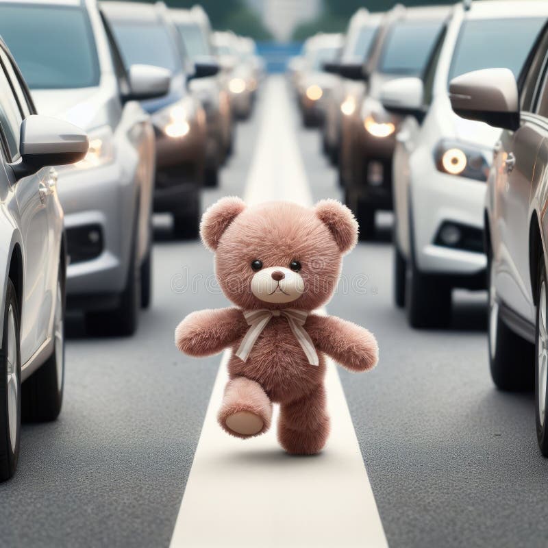A Small Bear Walking Along the Road between Cars. Stock Illustration ...