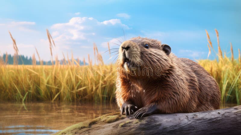 Realistic Beaver Illustration on Log with Detailed Background Stock ...