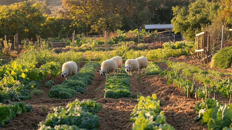 Small Biodiverse Farm Sheep Grazing Rows Vegetables Stock Photos - Free ...