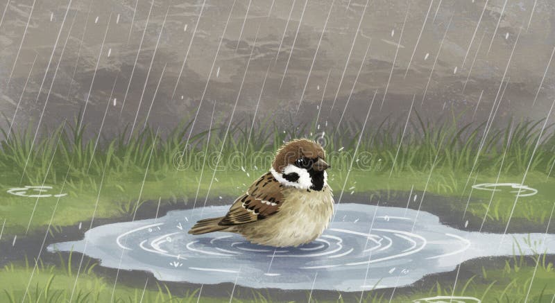 A Small Bird Bathing in a Puddle during a Rainy Day Stock Illustration ...