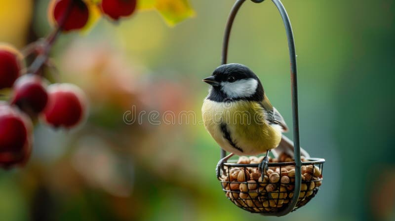 A Small Bird Eats Peanuts from a Hanging Feeder in a Lush Garden Stock ...