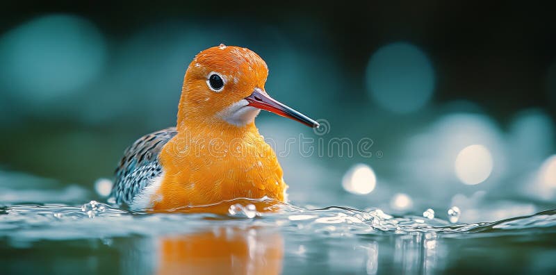 A Small Bird with Orange and White Plumage Swimming in the Water ...