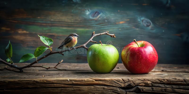 A Small Bird Perched on a Branch with Green and Red Apples on Rustic ...