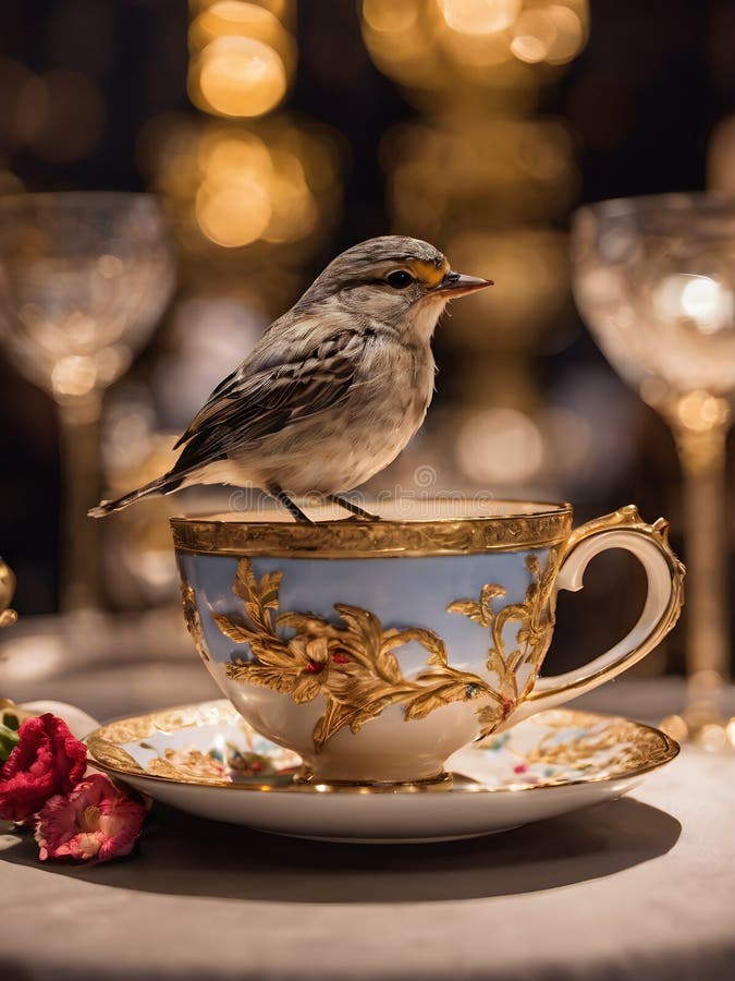 A Small Bird Perched on the Edge of a Teacup Stock Illustration ...