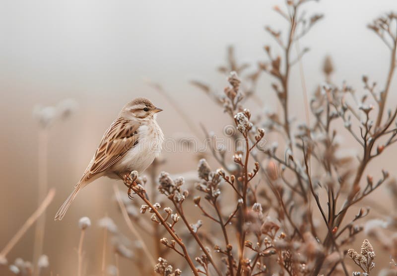 Small Bird Perched on Shrub in Open Field Stock Illustration ...