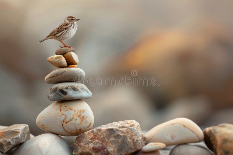 A Small Bird Perches Atop a Balanced Stack of Smooth Stones Stock ...