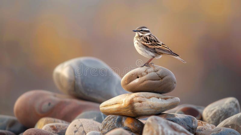 A Small Bird Perches Atop a Balanced Stack of Smooth Stones Stock ...