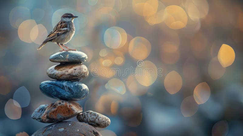 A Small Bird Perches Atop a Balanced Stack of Smooth Stones Stock ...
