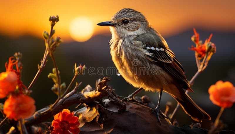 A Small Bird Perching on a Branch, Singing in the Sunset Generated by ...